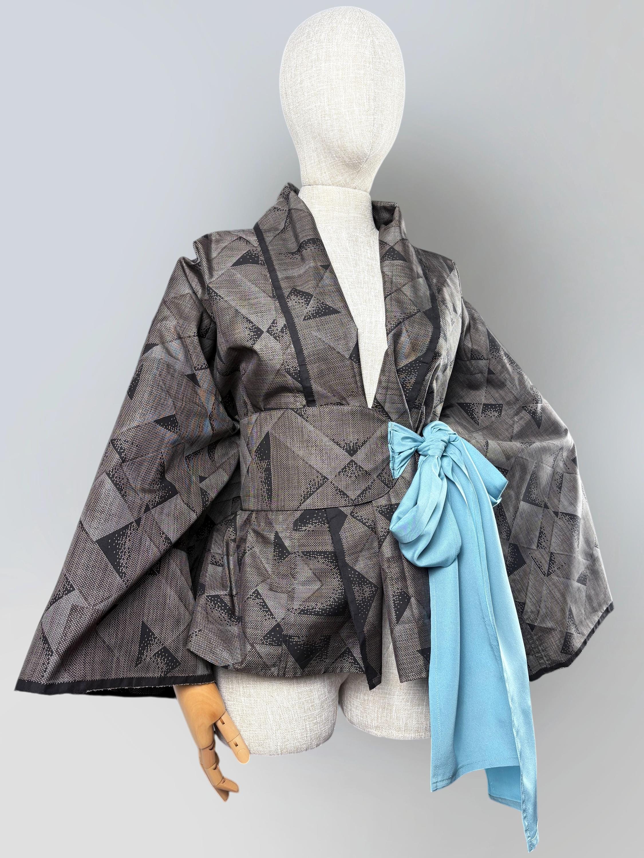 Grey Silk Jacket & Obi Belt. Vintage Handwoven Geometric Oshima Tsumugi ...