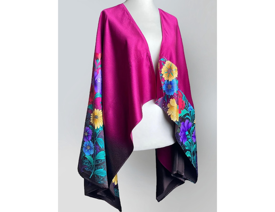 Purple Vintage Silk Cape Wrap. Japanese Silk Cape Top. Vibrant Floral ...