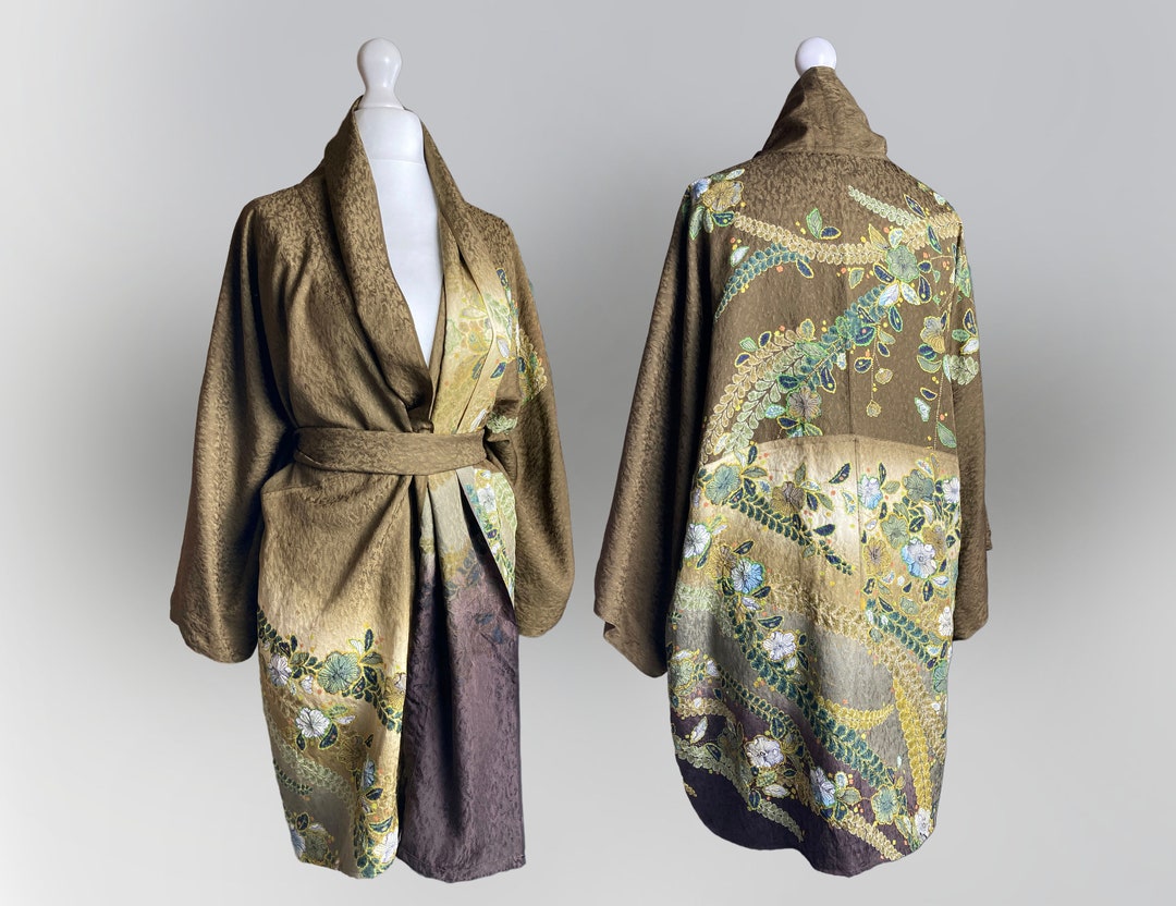 Moss Green Silk Jacket Dress. Short Kimono Dress / Oversized Duster ...