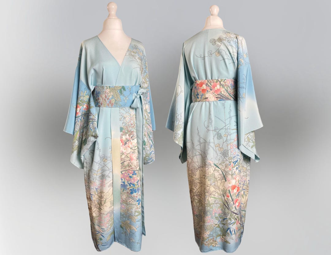 Blue Vintage Silk Robe. Maxi Kimono Dress With Obi Belt. Summer Garden ...