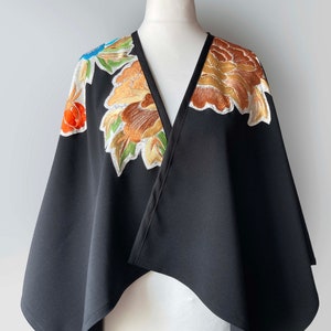 Cropped Embroidered Floral Caplet. Opera Cape. Large Hand Sewn Appliqué ...
