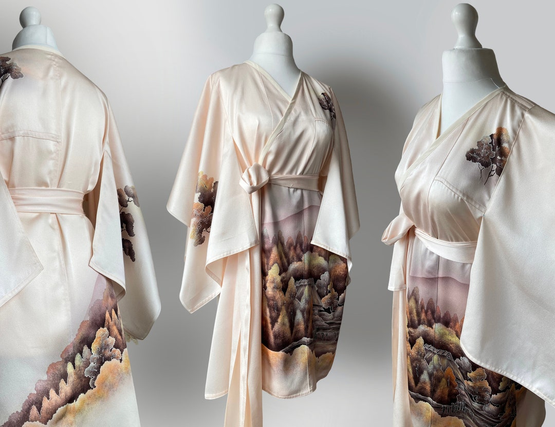 Light Pink Short Silk Kimono Dress. Vintage Silk Wrap Dress. Belted ...