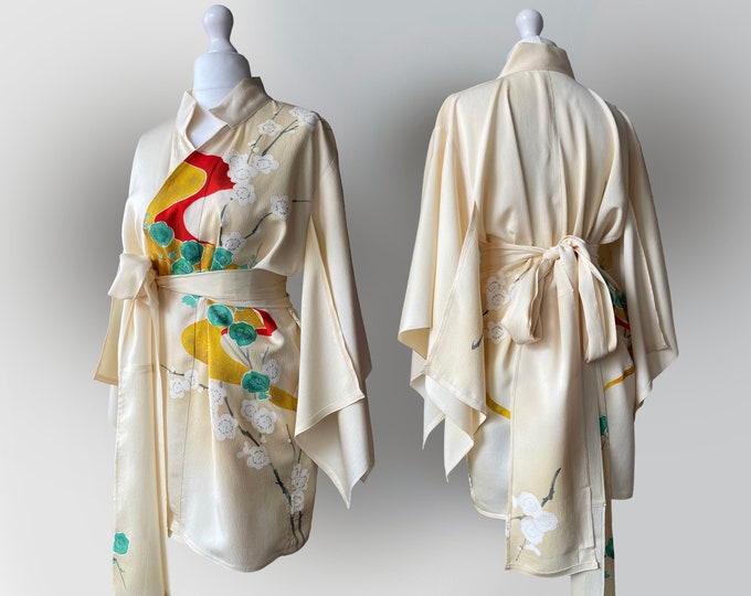 Silk Kimono Mini Dress. Short Cream Silk Robe With Bright Pattern ...