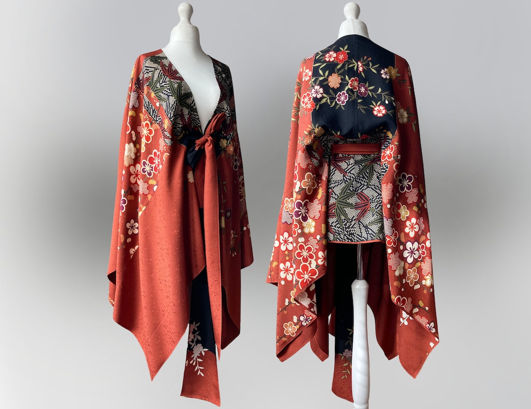 Floral Rust Long Kimono Cape Top. Unique Cape Jacket With Sash ...