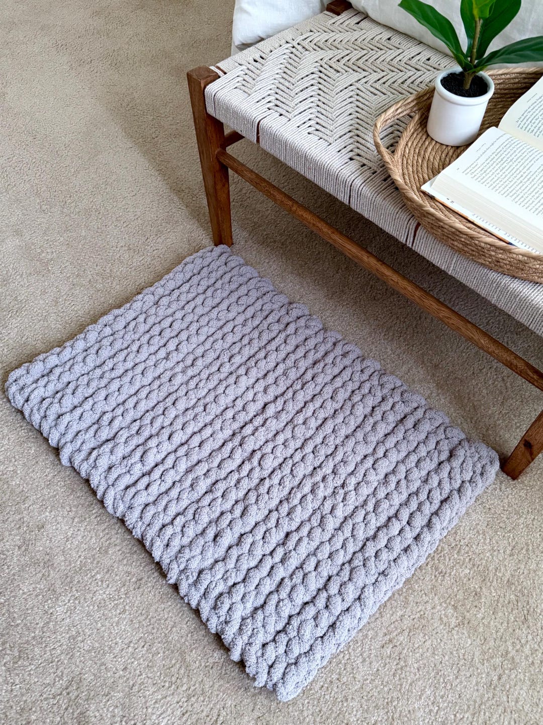 Chunky Chenille Hand Knit Throw Rug: Light Gray - Etsy
