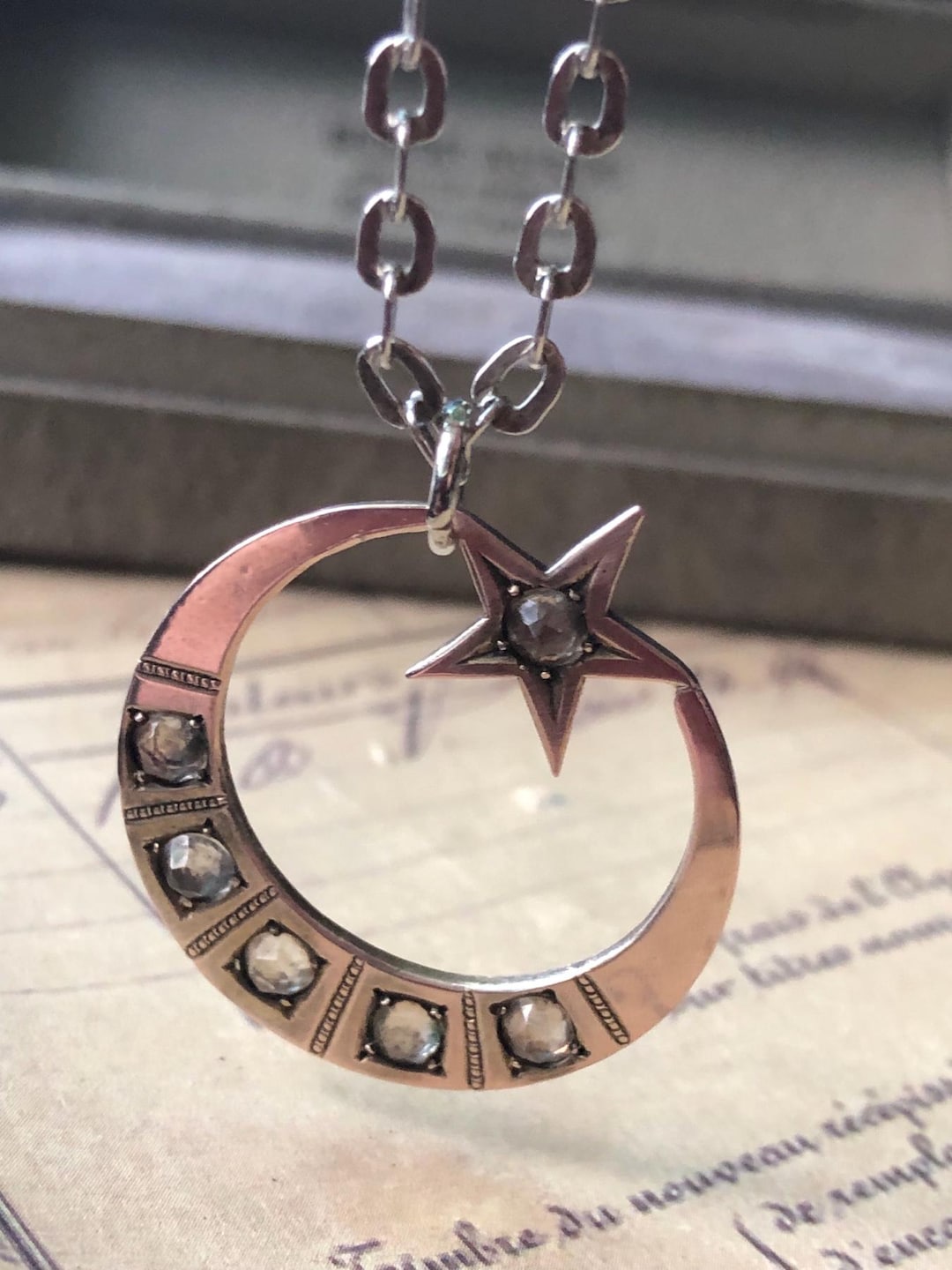 Antique 1910's Edwardian / Brass Rose Cut Paste Glass / Moon Star ...