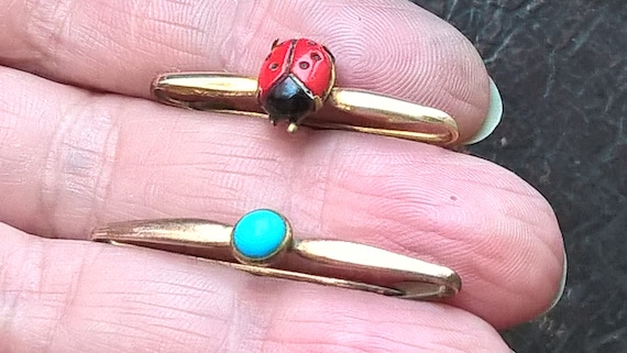 2 X antique 1930's Gold Metal Ladybug Turquoise Glass… - Gem