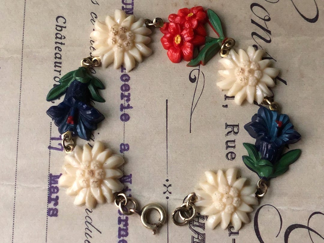 Antique 1930's Art Deco Brass Edelweiss Gentian Flowers Plastic Very ...