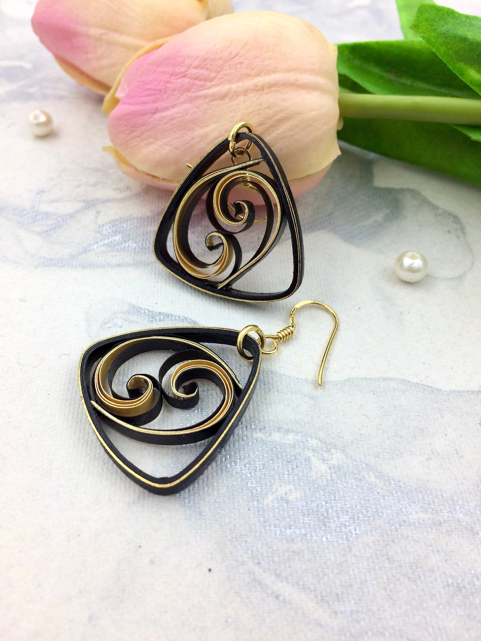 Black Triangle Earrings, Quilling Jewelry, 30th Birthday Gift for Her ...