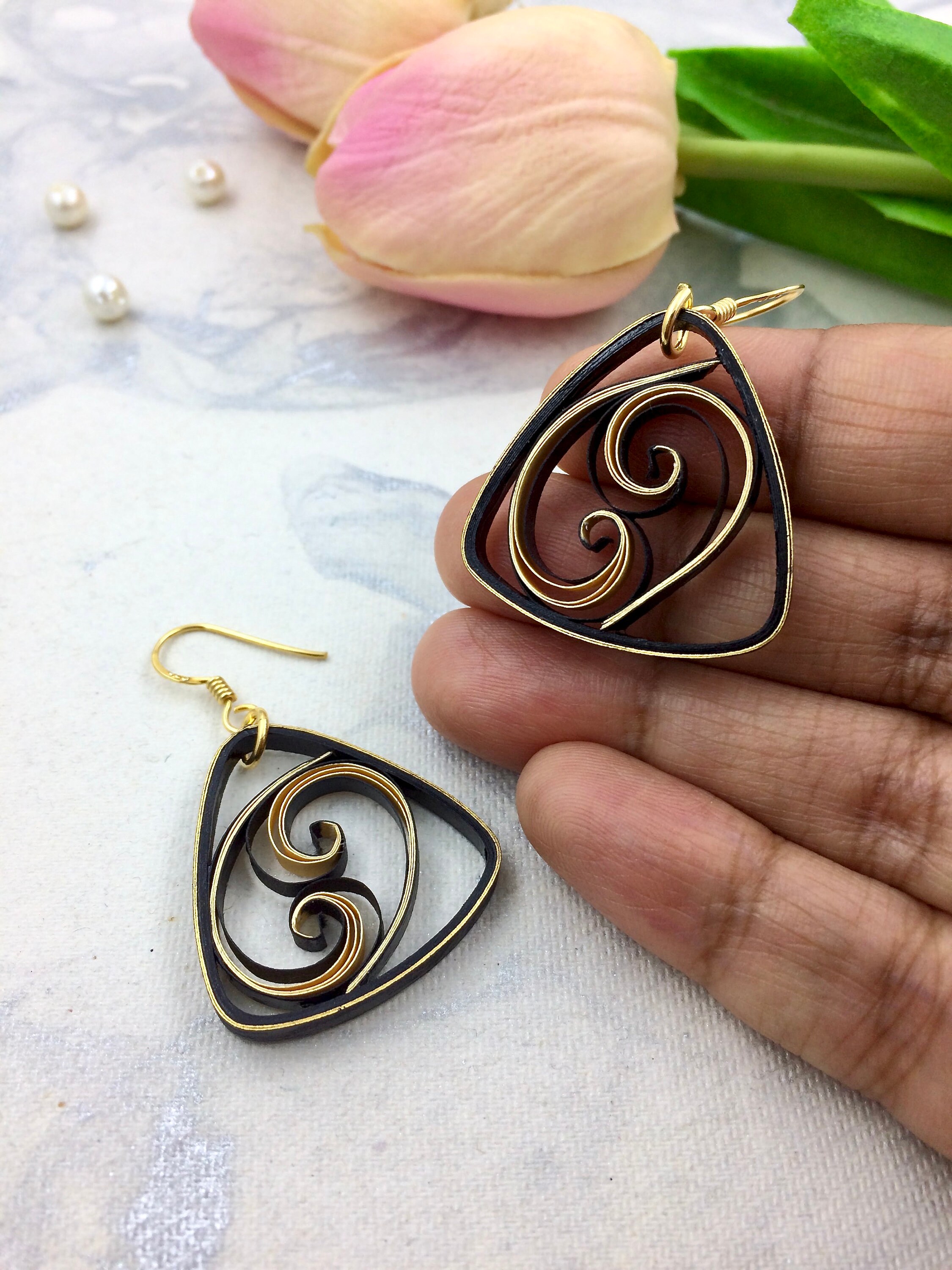 Black Triangle Earrings, Quilling Jewelry, 30th Birthday Gift for Her ...