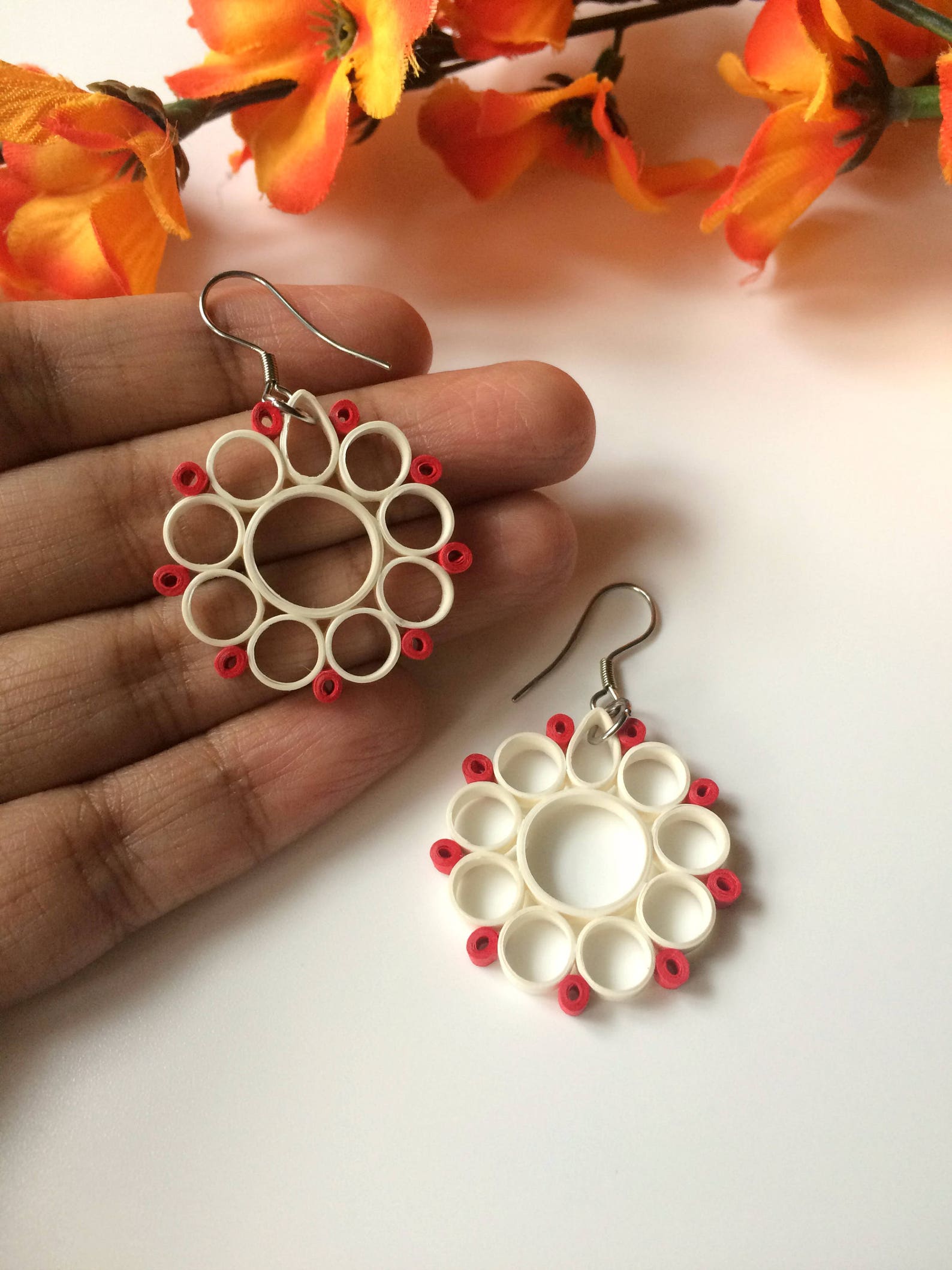 White Circle Quilling Earrings, First Anniversary Gift for Her, Paper ...