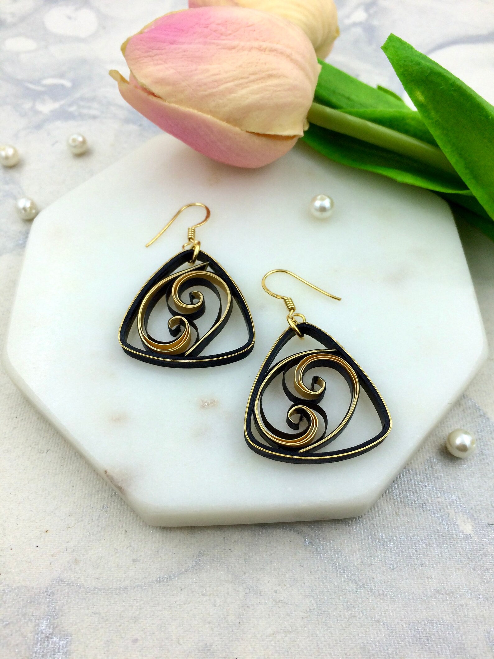 Black Triangle Earrings, Quilling Jewelry, 30th Birthday Gift for Her ...
