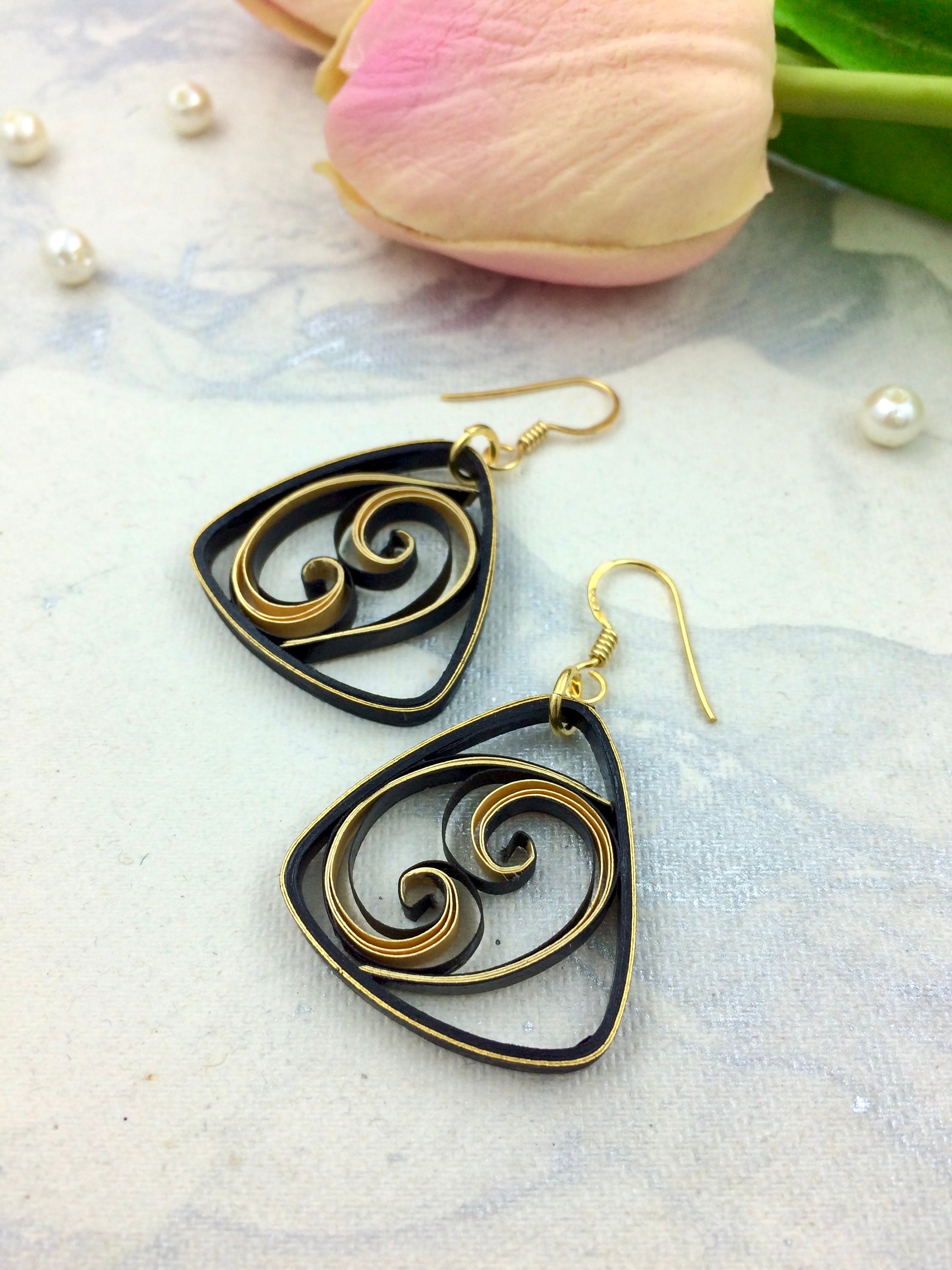 Black Triangle Earrings, Quilling Jewelry, 30th Birthday Gift for Her ...