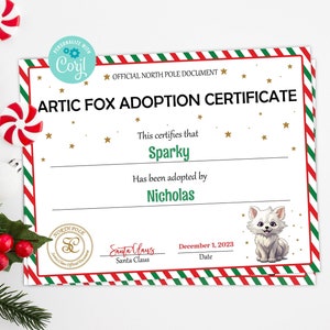 Santa's Official Artic Fox Adoption Certificate. Adopt an Artic Fox ...