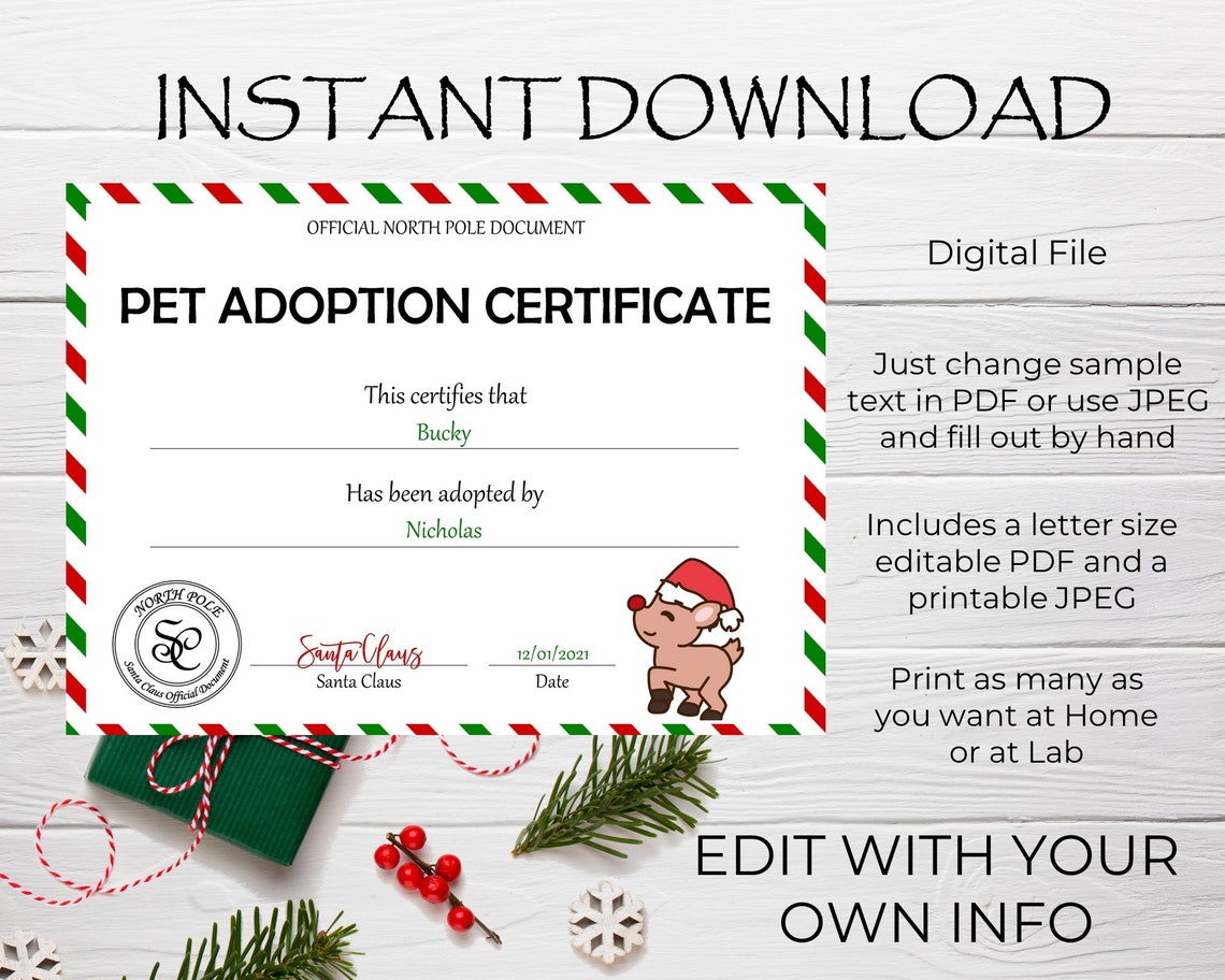 Santa's Official Pet Adoption Certificate. Adopt a Pet on | Etsy