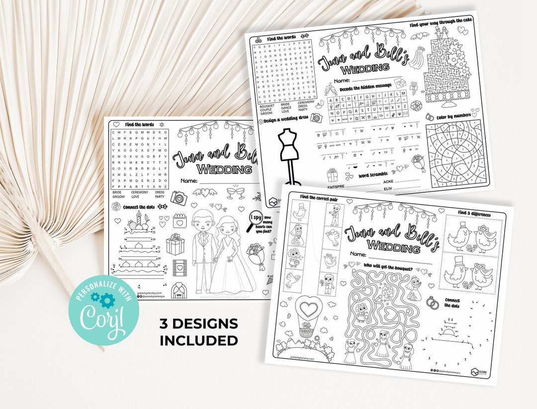 3 Personalized Wedding Activity Sheets | 3 Editable Wedding Placemats ...