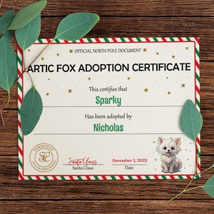 Santa's Official Artic Fox Adoption Certificate. Adopt an Artic Fox ...