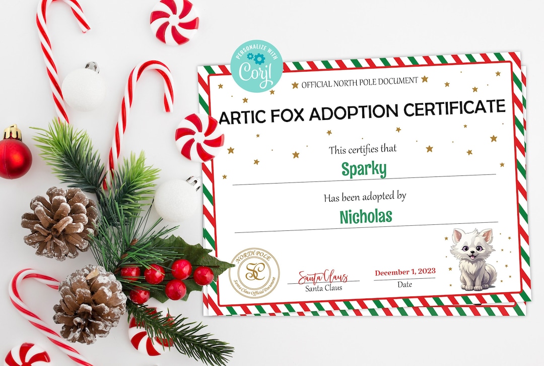 Santa's Official Artic Fox Adoption Certificate. Adopt an Artic Fox ...