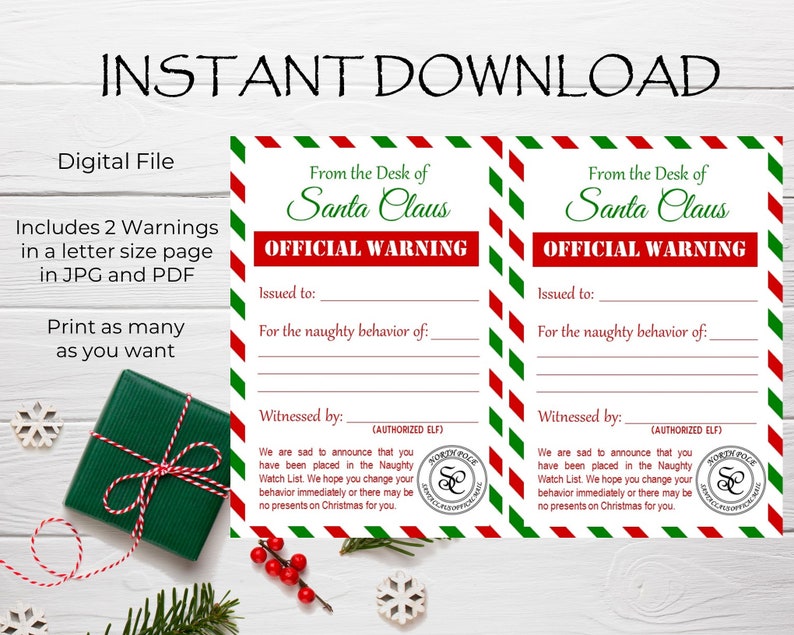 Santa's Official Warning for Naughty Behavior. Elf - Etsy