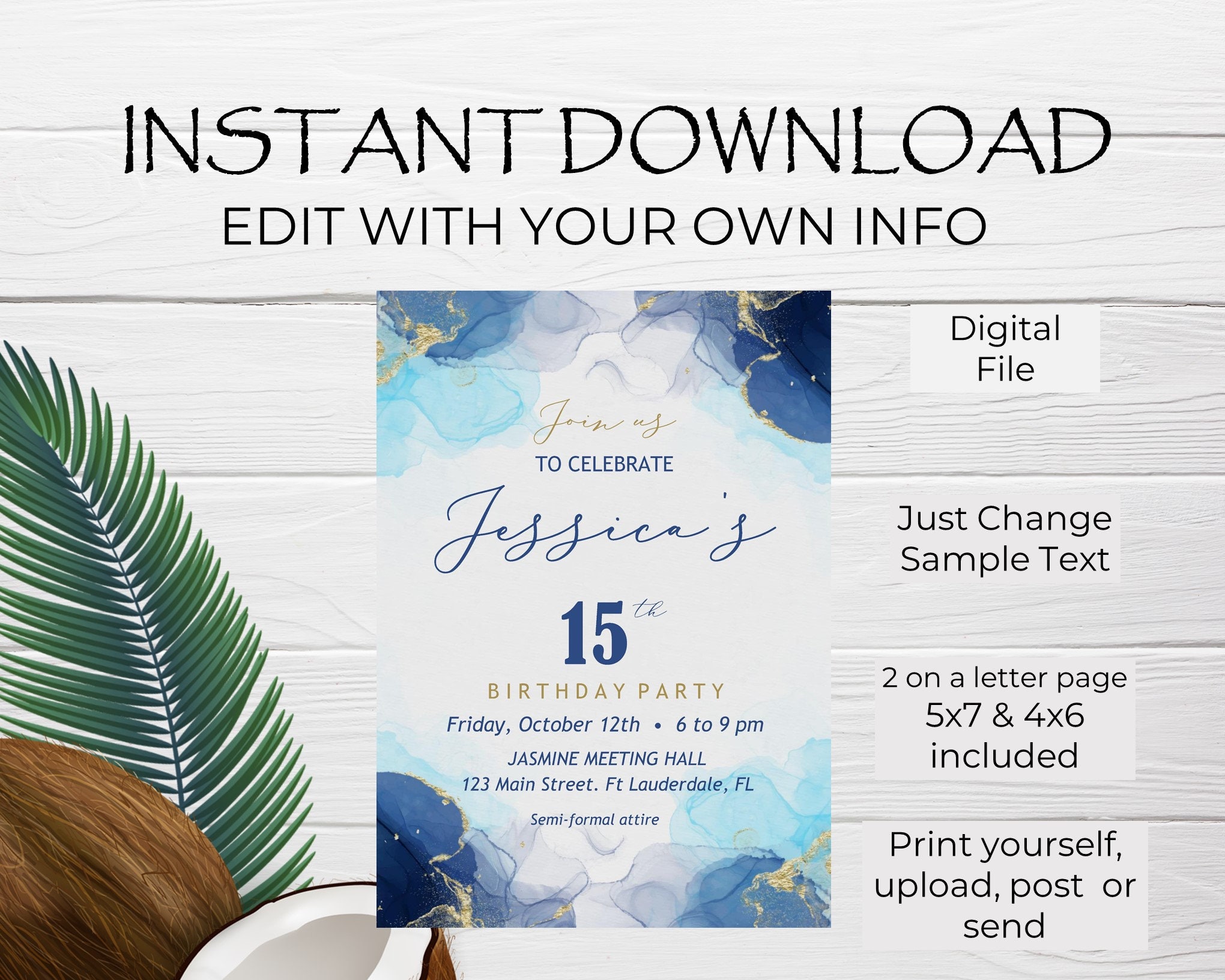 Blue and Gold Birthday Invitation Quinceañera Sweet 16 - Etsy