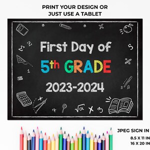 First Day of 5th Grade Sign Back to School Printable Poster Instant ...