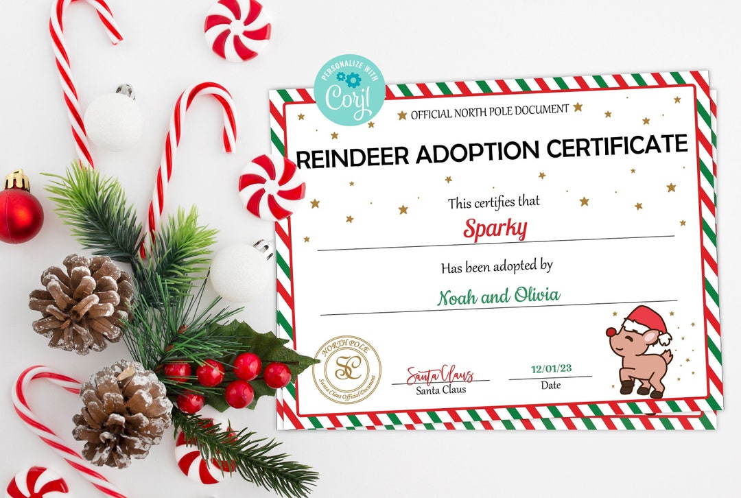 Santa's Official Reindeer Adoption Certificate. Adopt a Reindeer. Pet ...