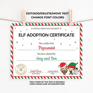 Santa's Official Elf Adoption Certificate. Adopt an Elf. Boy Girl Elf ...