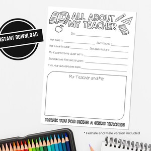 All About My Teacher Printable Teacher Appreciation Week Gift Teacher ...