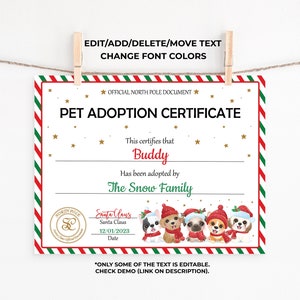 Santa's Official Pet Adoption Certificate. Adopt a Pet on Christmas ...
