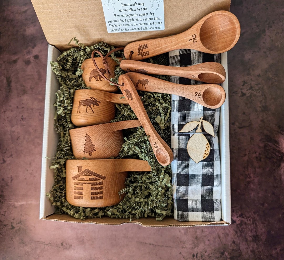 Engraved Beechwood Measuring Cup and Spoon Set: Cabin Camping Gift Box ...