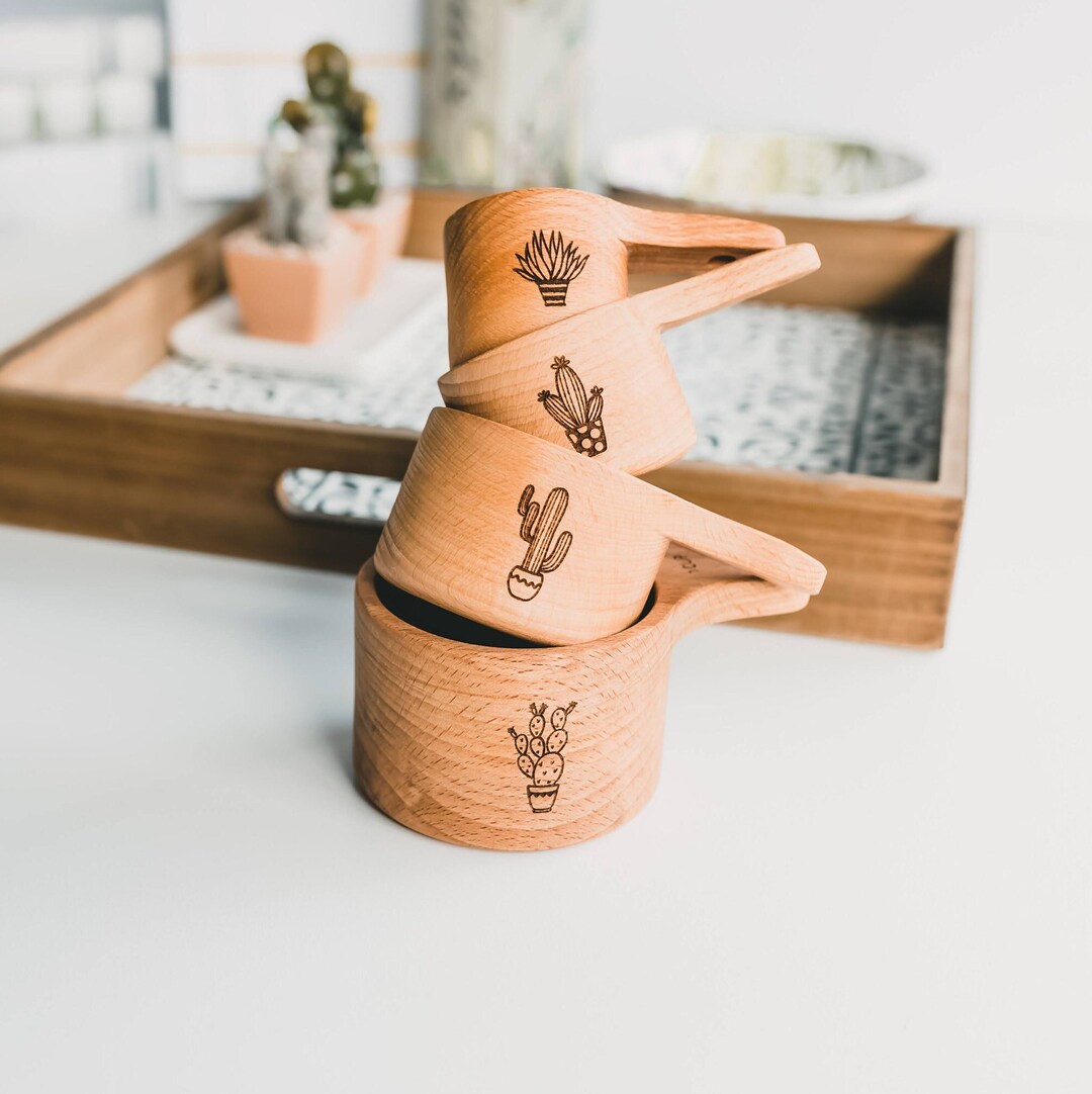 Cactus Wooden Measuring Cups and Spoons Set: Laser Engraved Beechwood ...