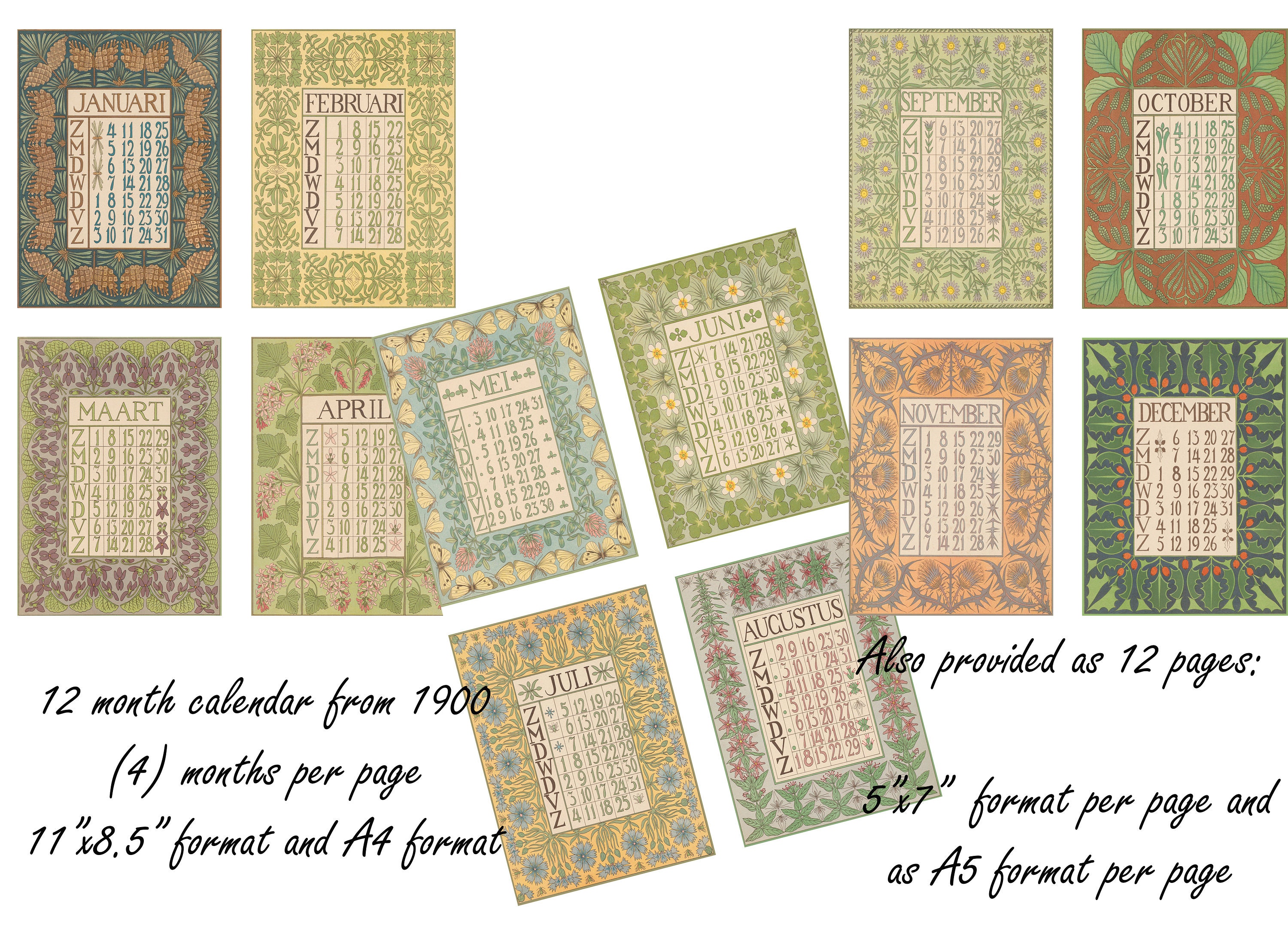 1900 Vintage Calendar Pages and Pretty Illustrations - 34 Pages Junk ...
