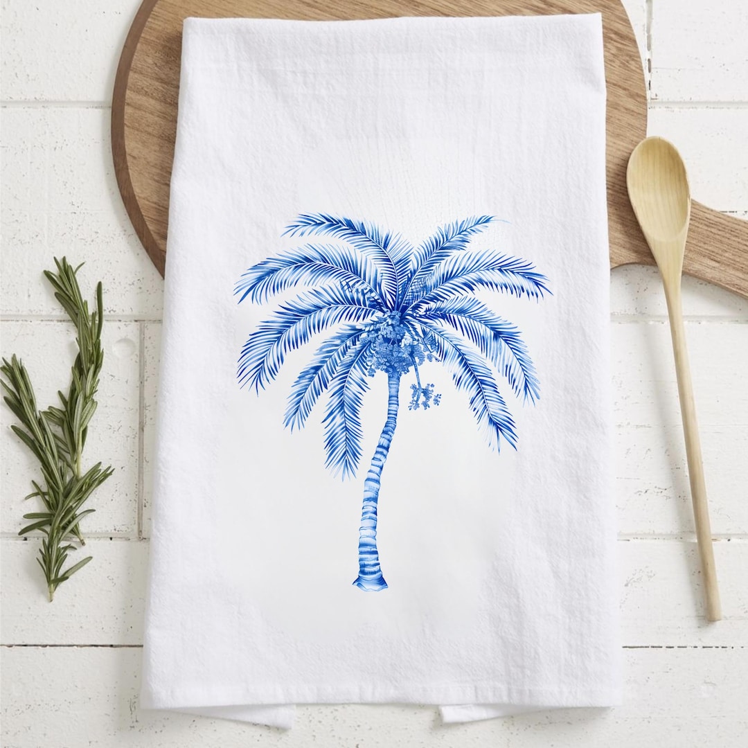 Blue Toile Palm Tree Kitchen Towel Coastal Home Decor Elegant Kitchen ...