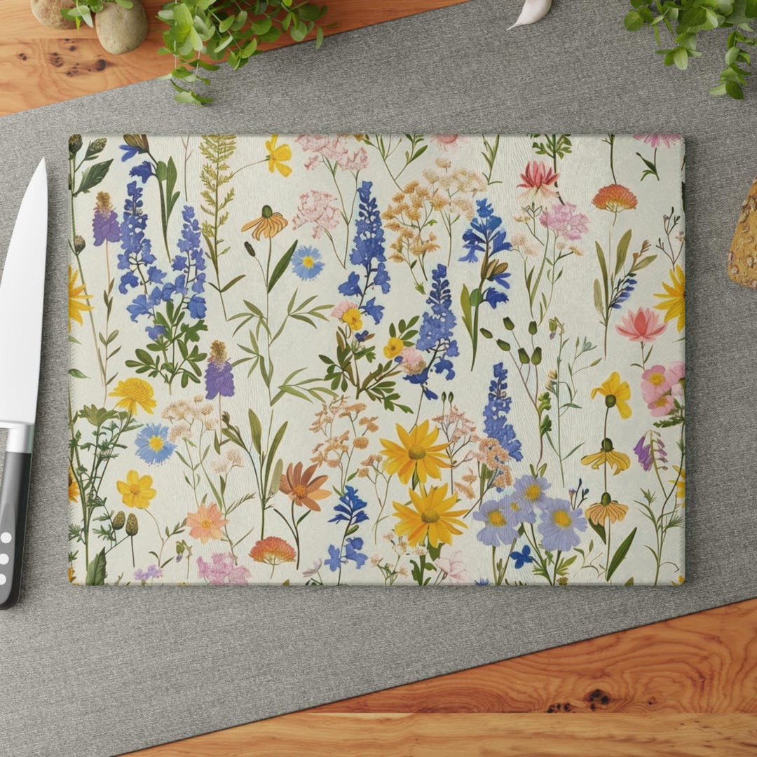 Cottagecore Flowers Vintage Style Glass Cutting Board Cottage Garden ...