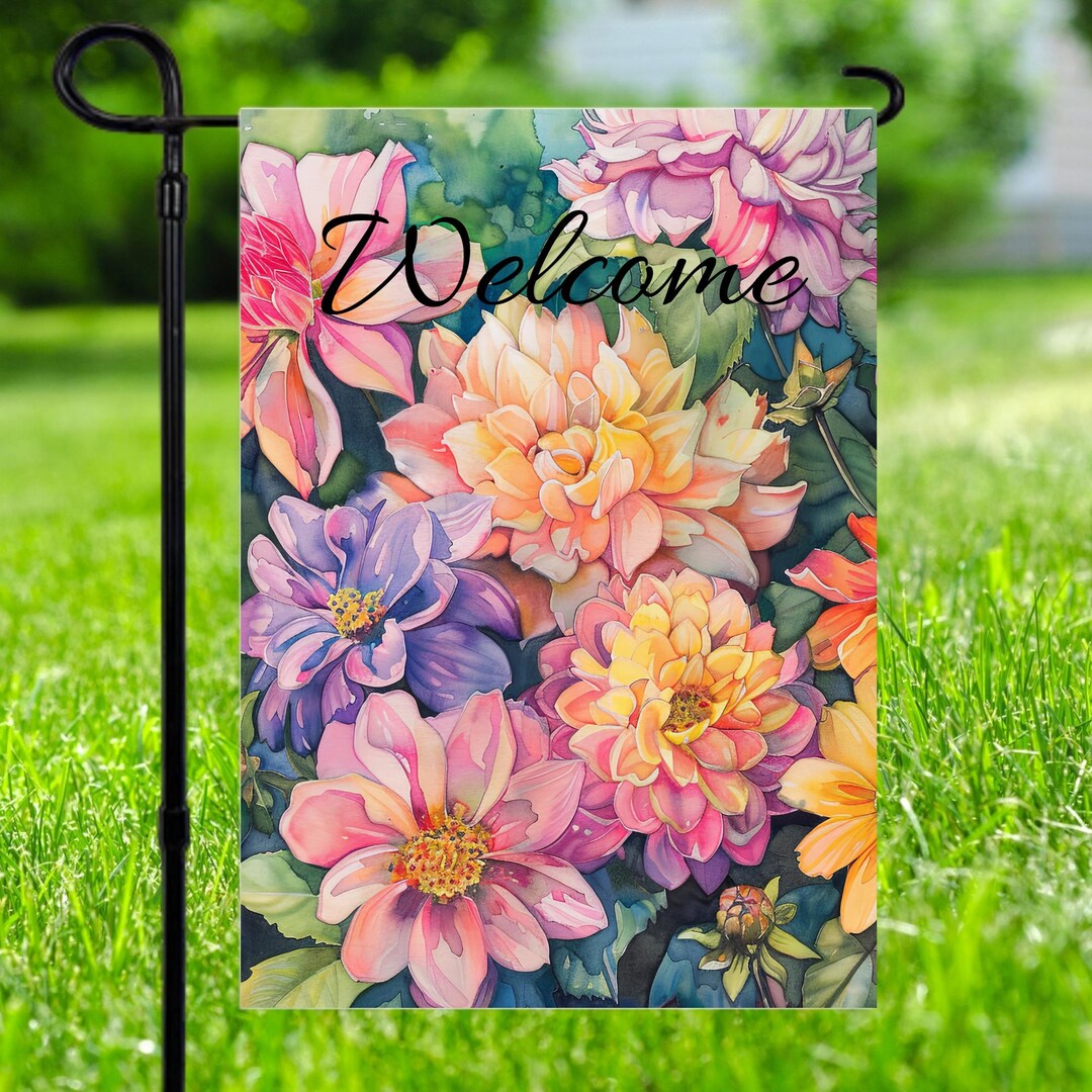Floral Welcome Garden Flag Pink & Coral Dahlias Cosmos Yard Art - Etsy