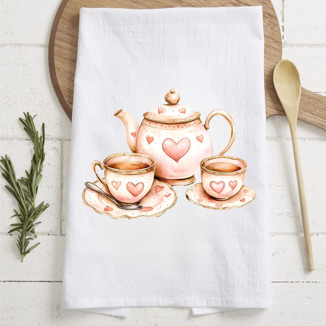 Cute Valentine Heart Tea Set Kitchen Towel Blush Pink Heart Teapot ...