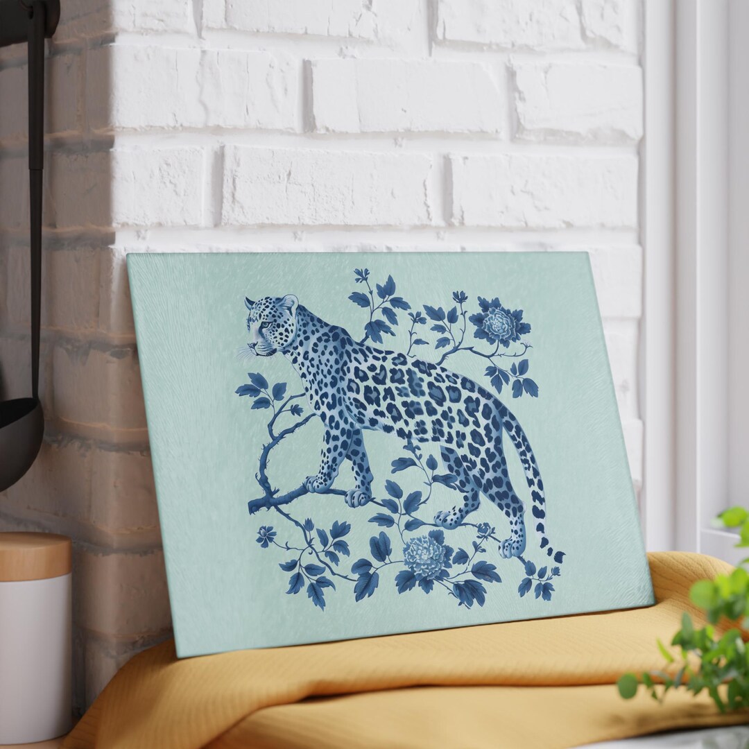 Blue Chinoiserie Leopard Tempered Glass Cutting Board - Etsy