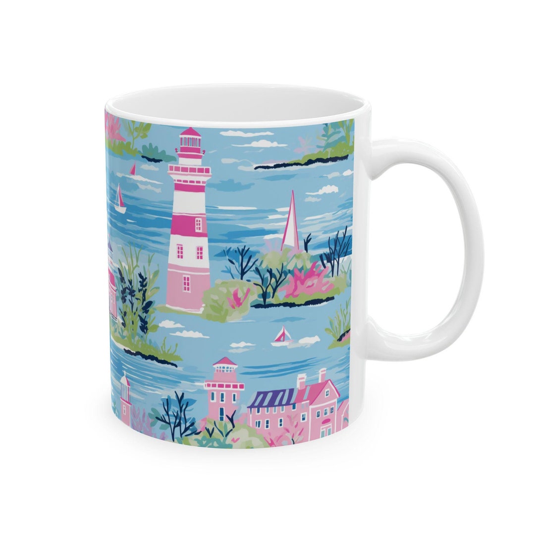 Pink Coastal Lighthouse Coffee Mug Preppy Beach Prints Pink Seaside ...