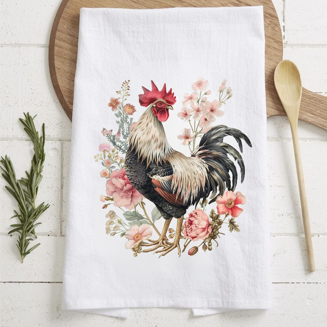Pink Floral Rooster Kitchen Towel Vintage Country Decor - Etsy