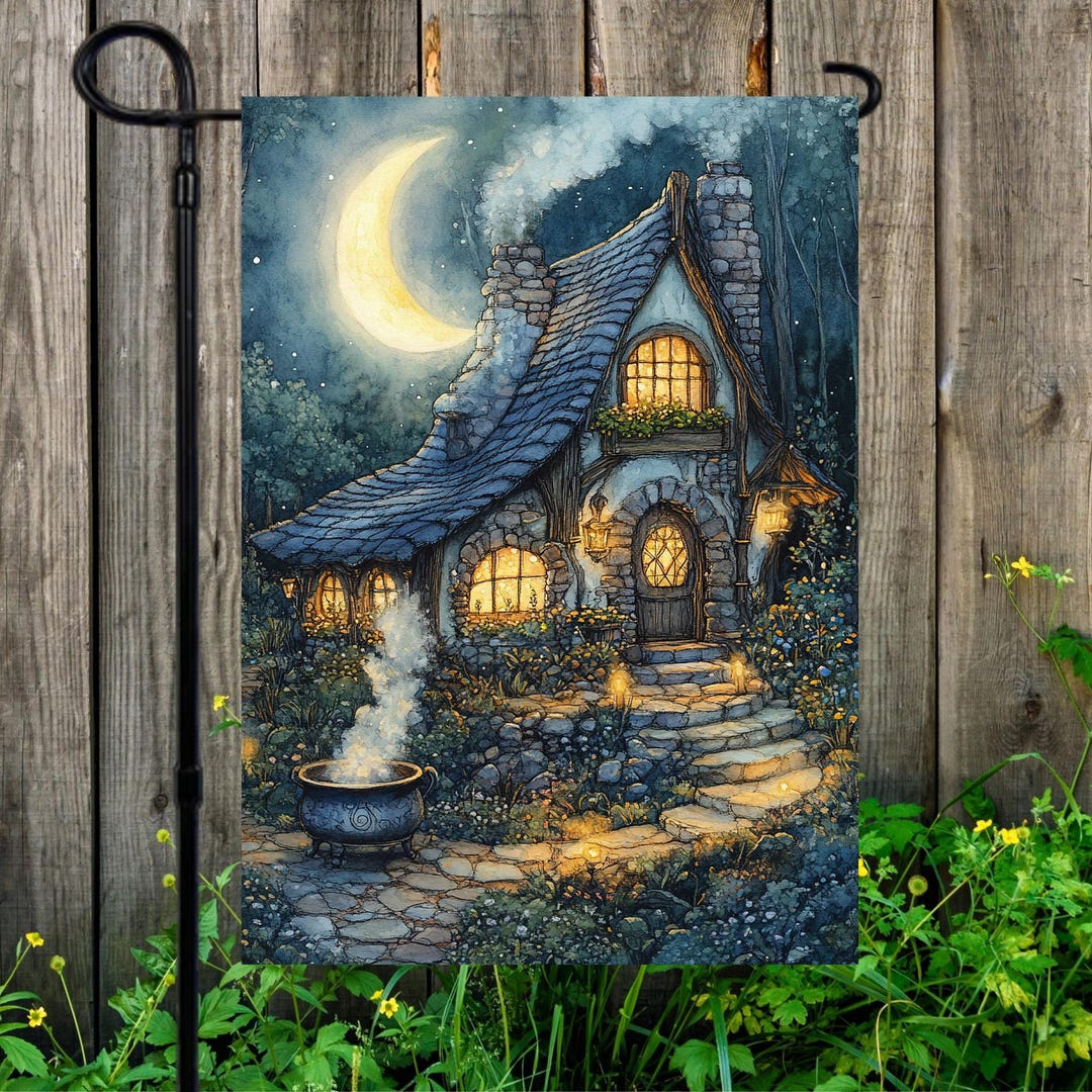 Crescent Moon Night Witch Cottage Garden Flag Witch House Forest ...