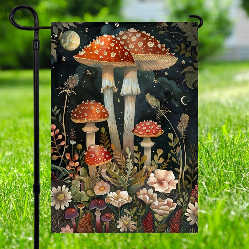 Dark Botanical Toadstool Night Garden Flag Moody Floral Mushroom Print ...