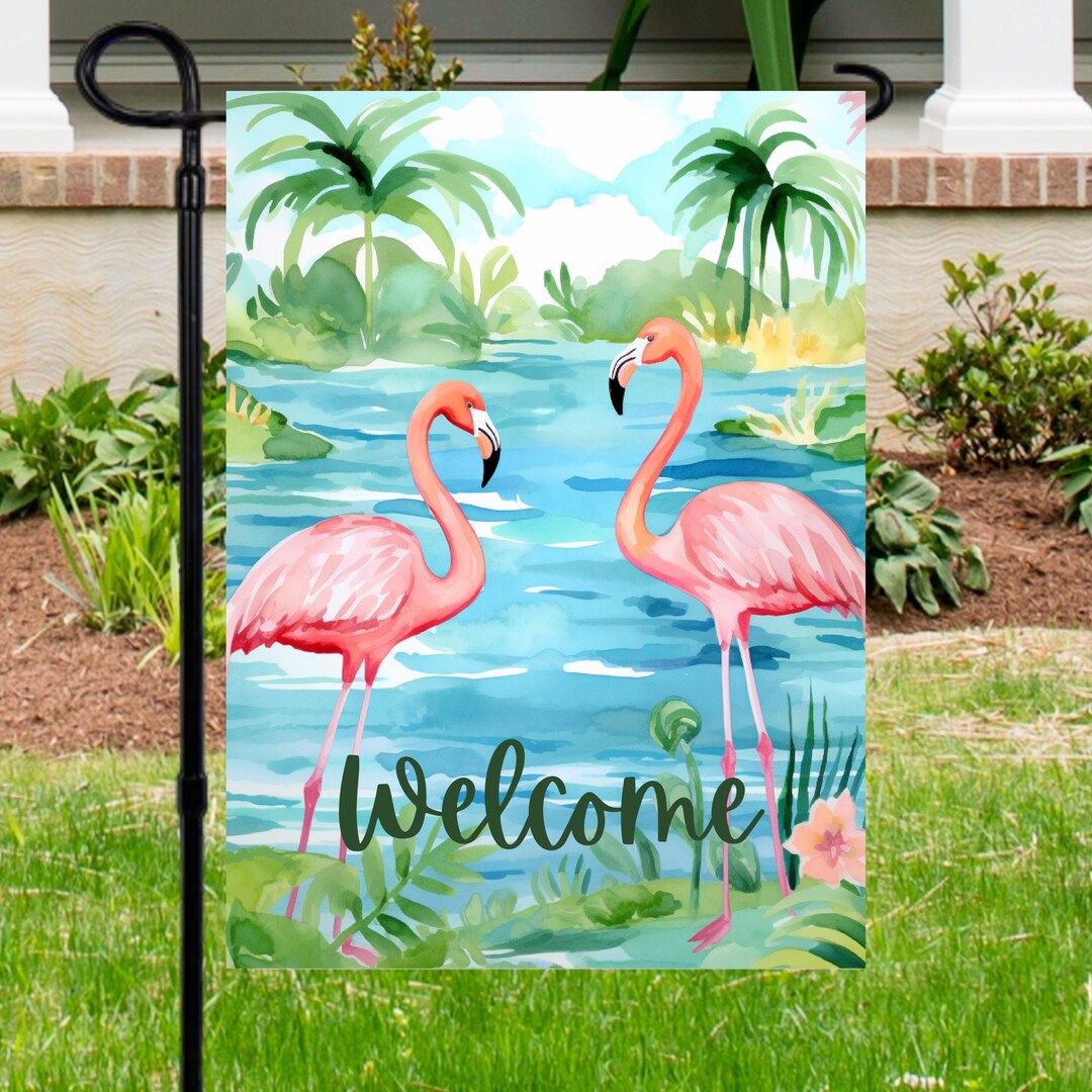 Watercolor Pink Flamingos Welcome Garden Flag Tropical Beach Decor - Etsy