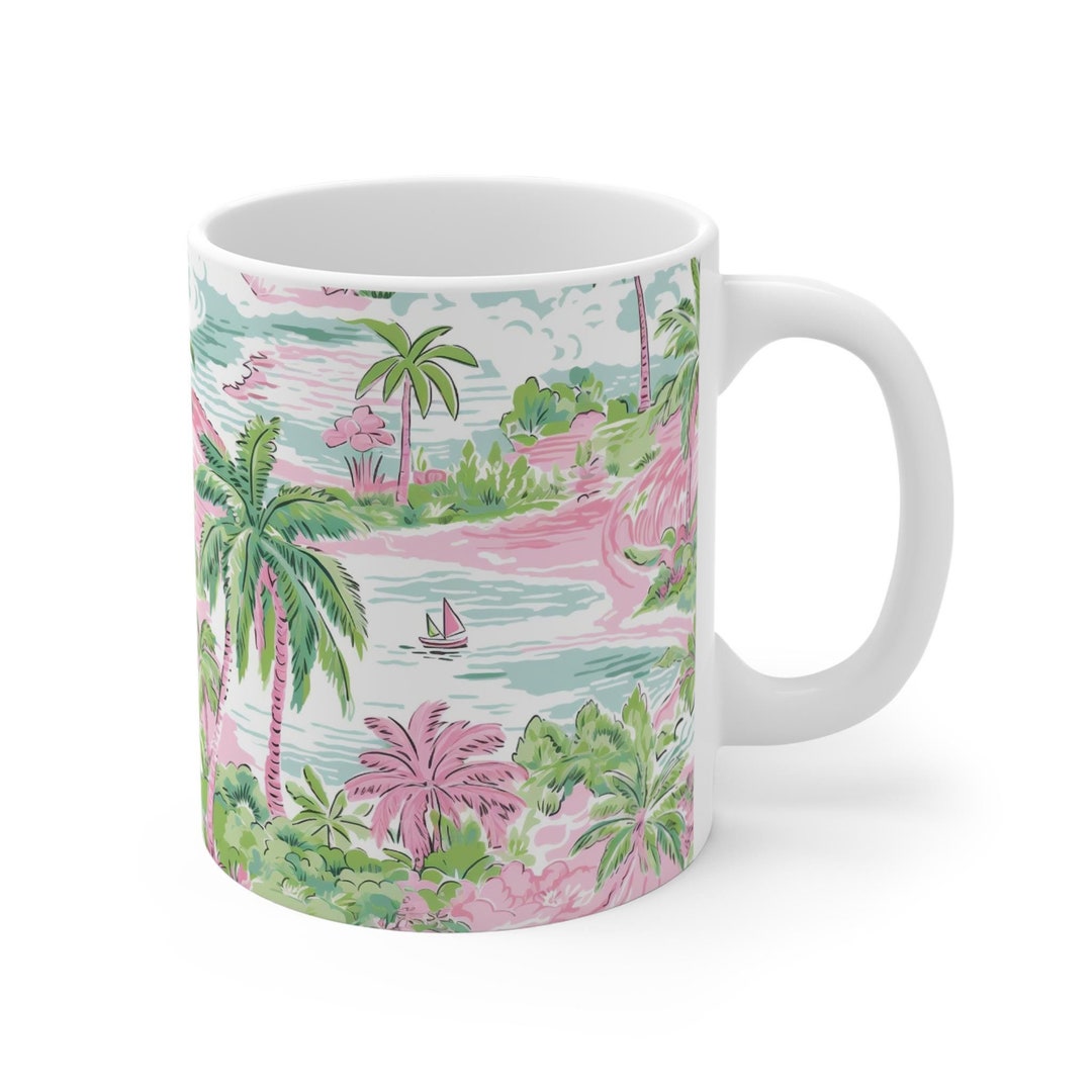 Pink Palm Tree Beach Coffee Mug: Coastal Preppy Art Gift - Etsy