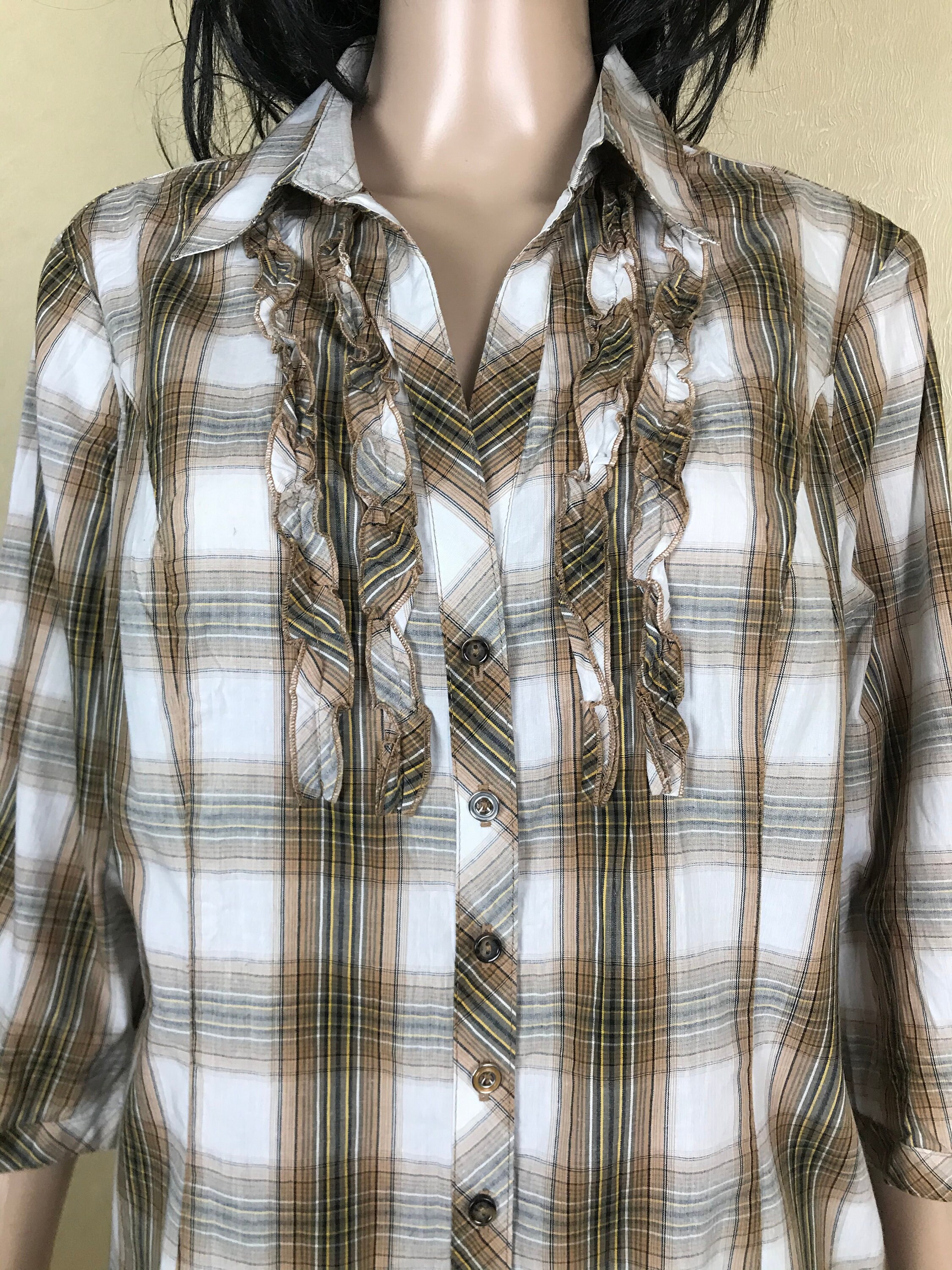 Ruffle Plaid Cotton Blouse With 3/4 Sleeves by C&A Vintage - Etsy UK