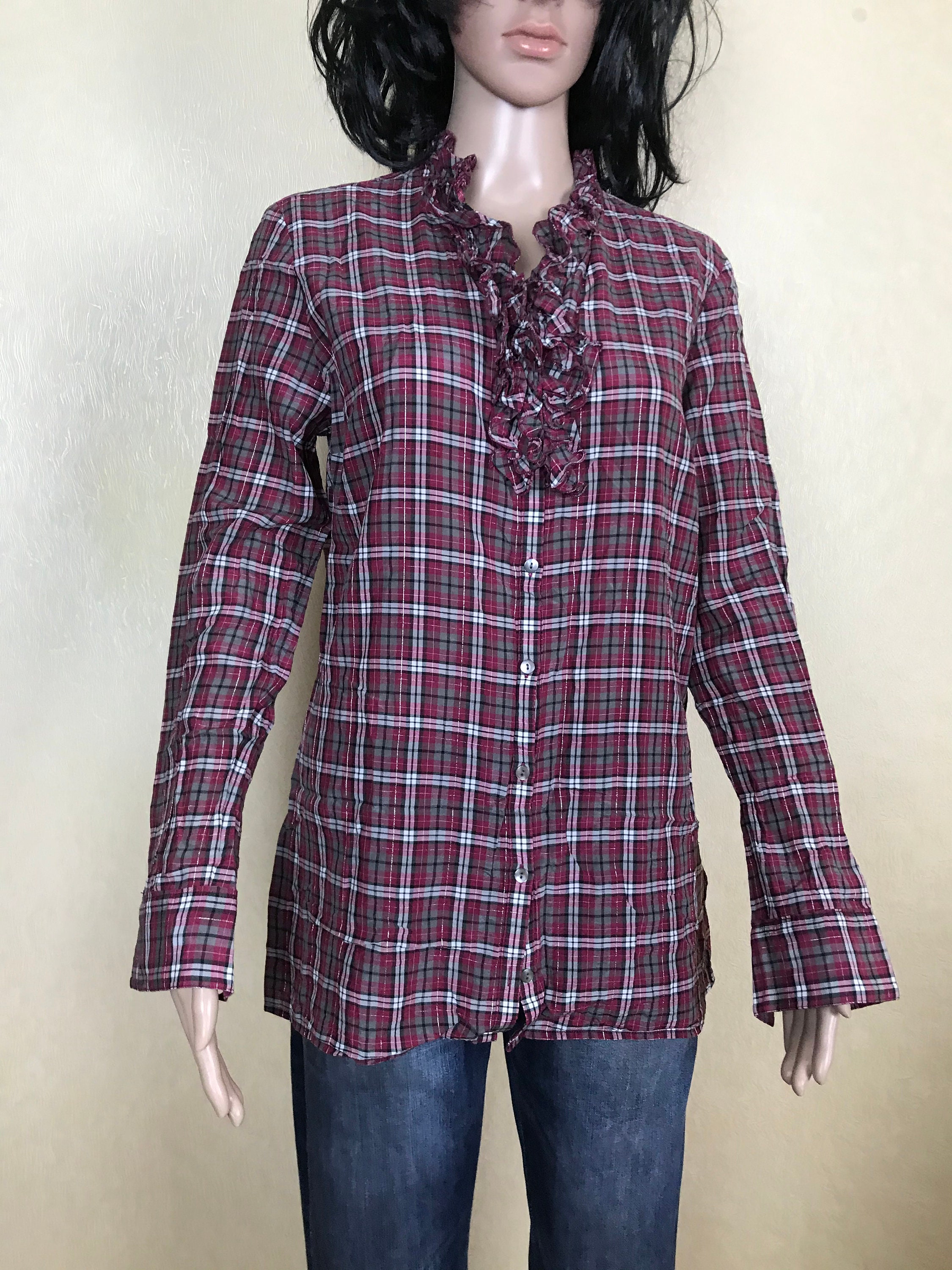 Women's Ruffle Plaid Blouse by Tommy Hilfiger Long Sleeve - Etsy