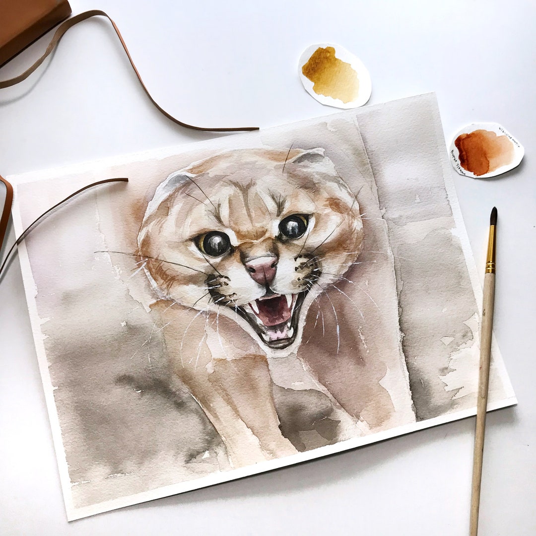 Baby Puma Watercolor Painting - Original Art, Handmade Gift for Home ...