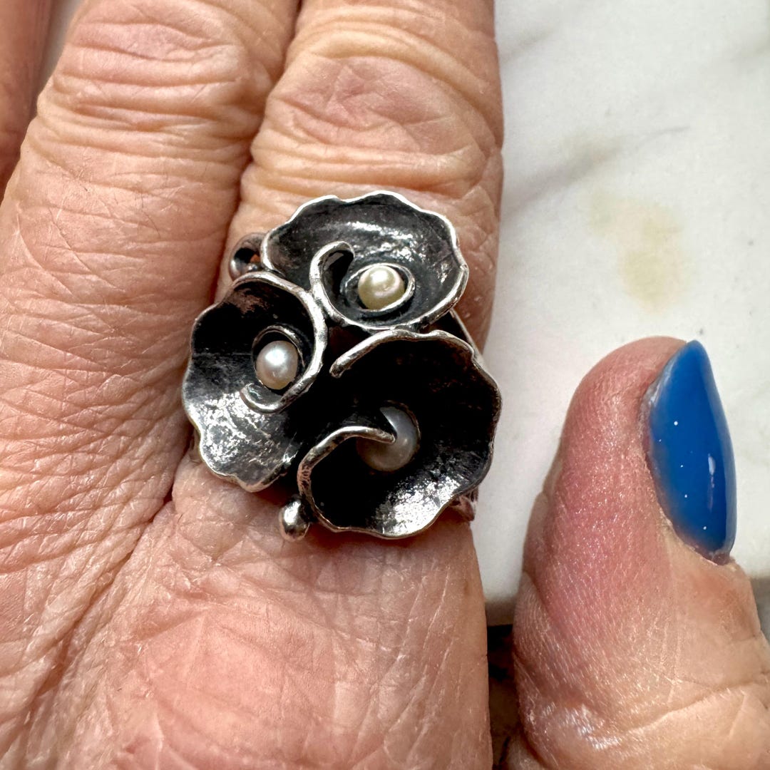 Sterling Silver Hibiscus Flower Ring Pearls Handmade Round Petal Patina ...