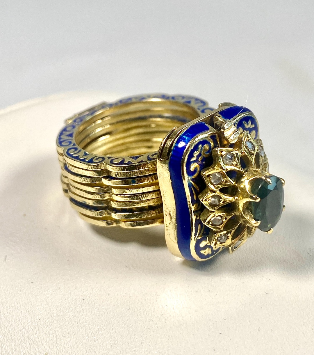 RARE Antique 14K Gold Convertible Ring Bracelet Enamel Diamonds Green ...