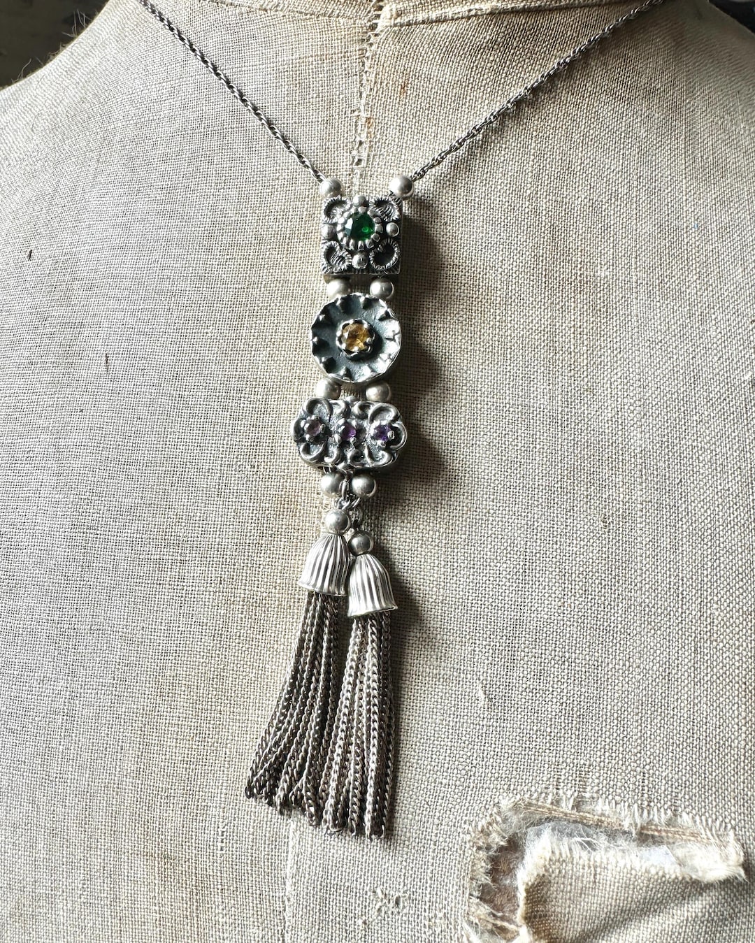 Vintage Sterling Silver Slide Chain Necklace, Rhinestones Tassels - Etsy