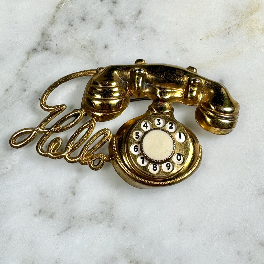 Vintage Brass Telephone Brooch, HELLO - Etsy